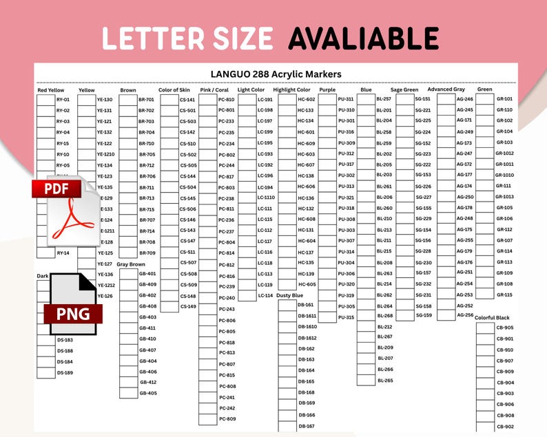 Languo 288 Acrylic Marker Swatch Chart: Printable PDF & PNG Color ...