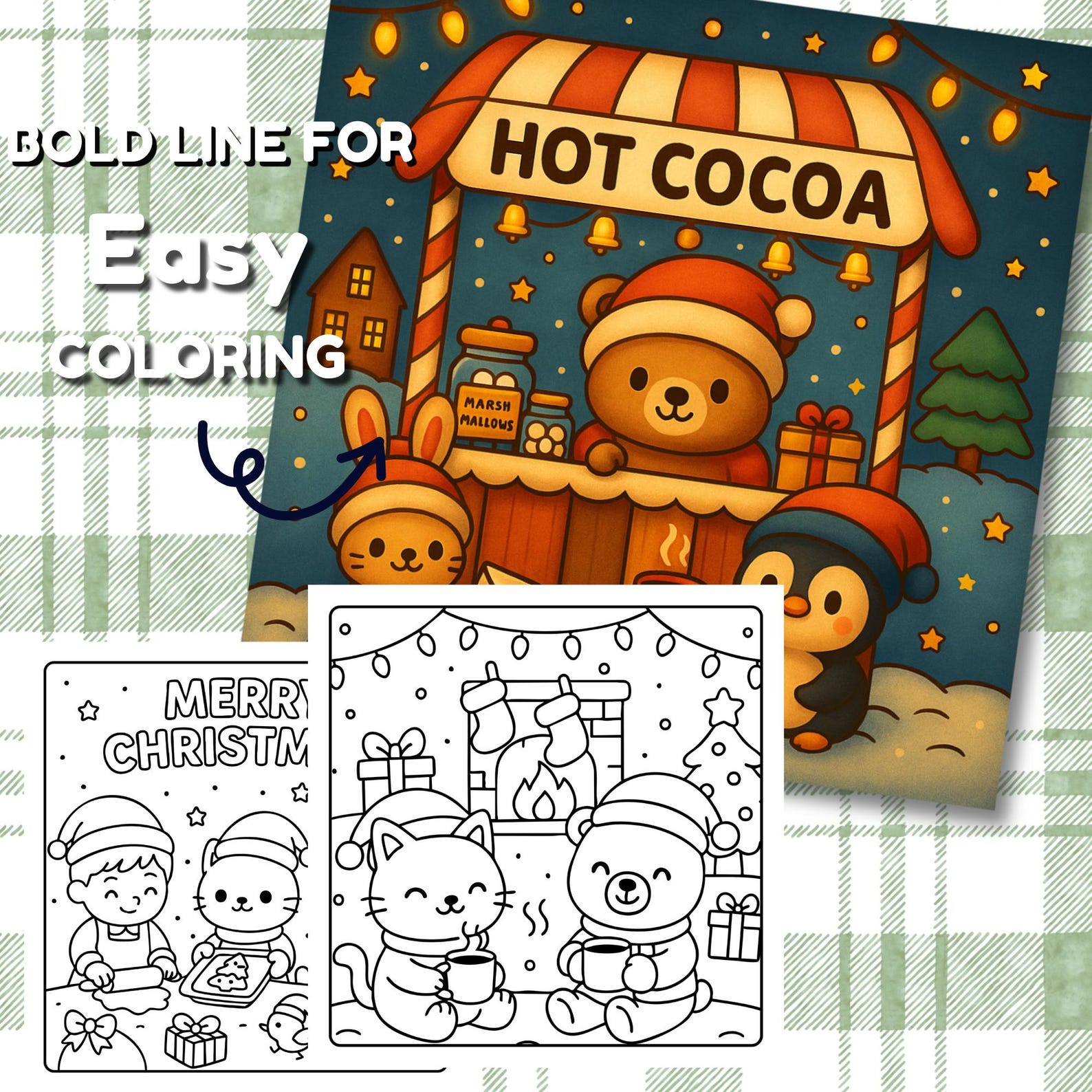 KAWAII CHRISTMAS Coloring Pages for Kids Adults | Animal Holiday ...