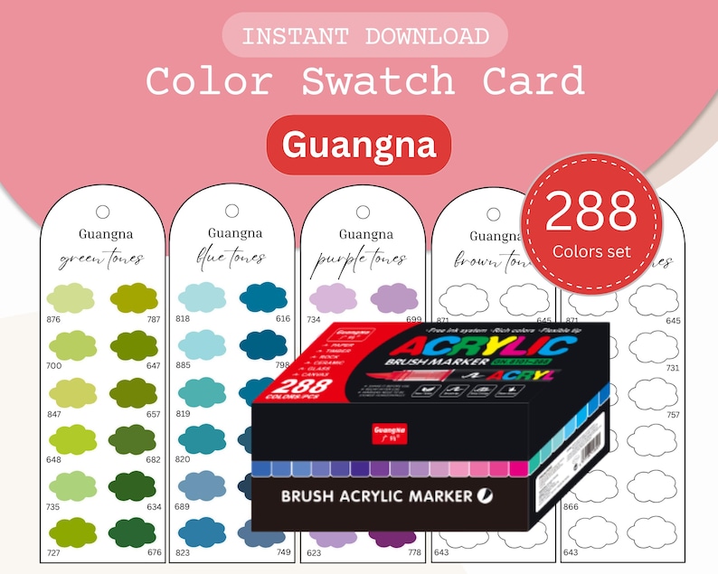 Guangna 288 Marker Color Chart – Printable Swatch Cards for Acrylic ...