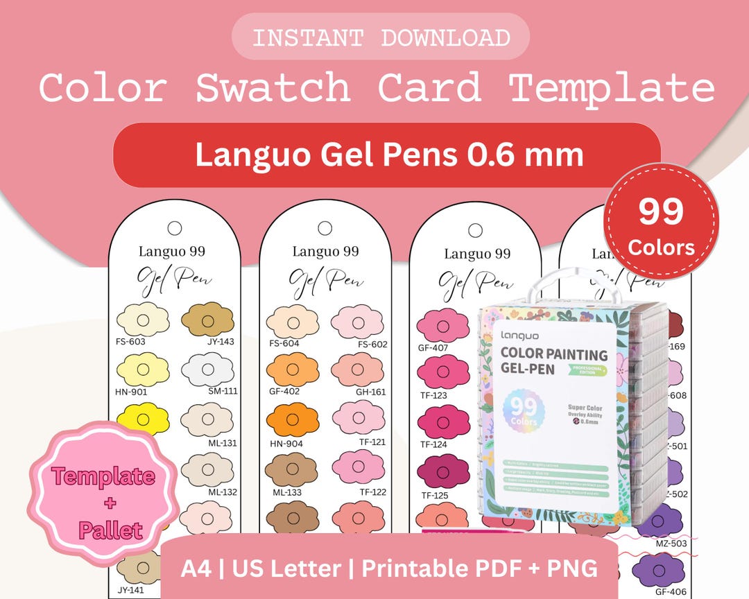 Languo 99 Gel Pen Swatch Card: 99 Colors Printable Tracker PDF and PNG ...