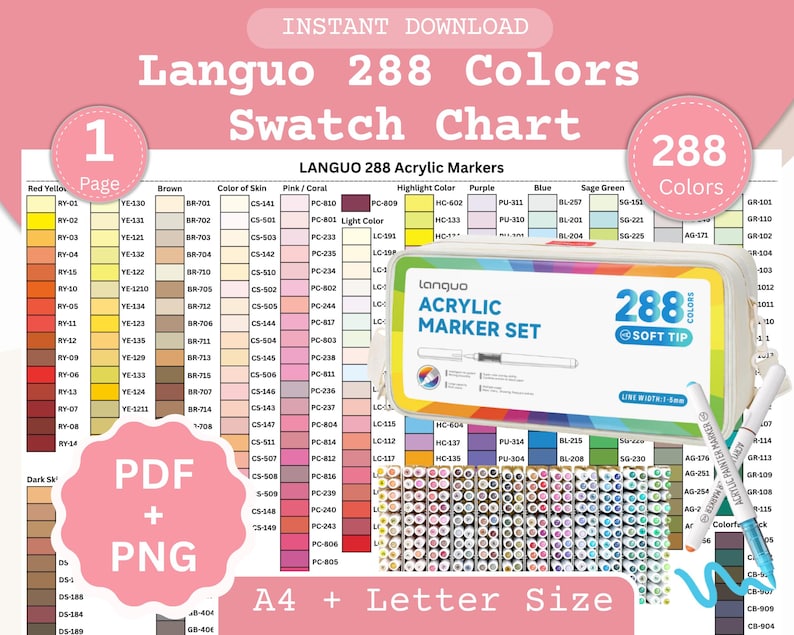 Languo 288 Acrylic Marker Swatch Chart: Printable PDF & PNG Color ...