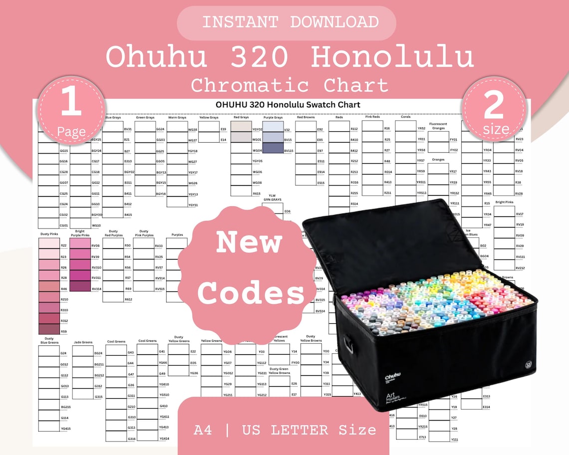 Ohuhu 320 Honolulu Marker Swatch Chart: Printable Color Organizer ...