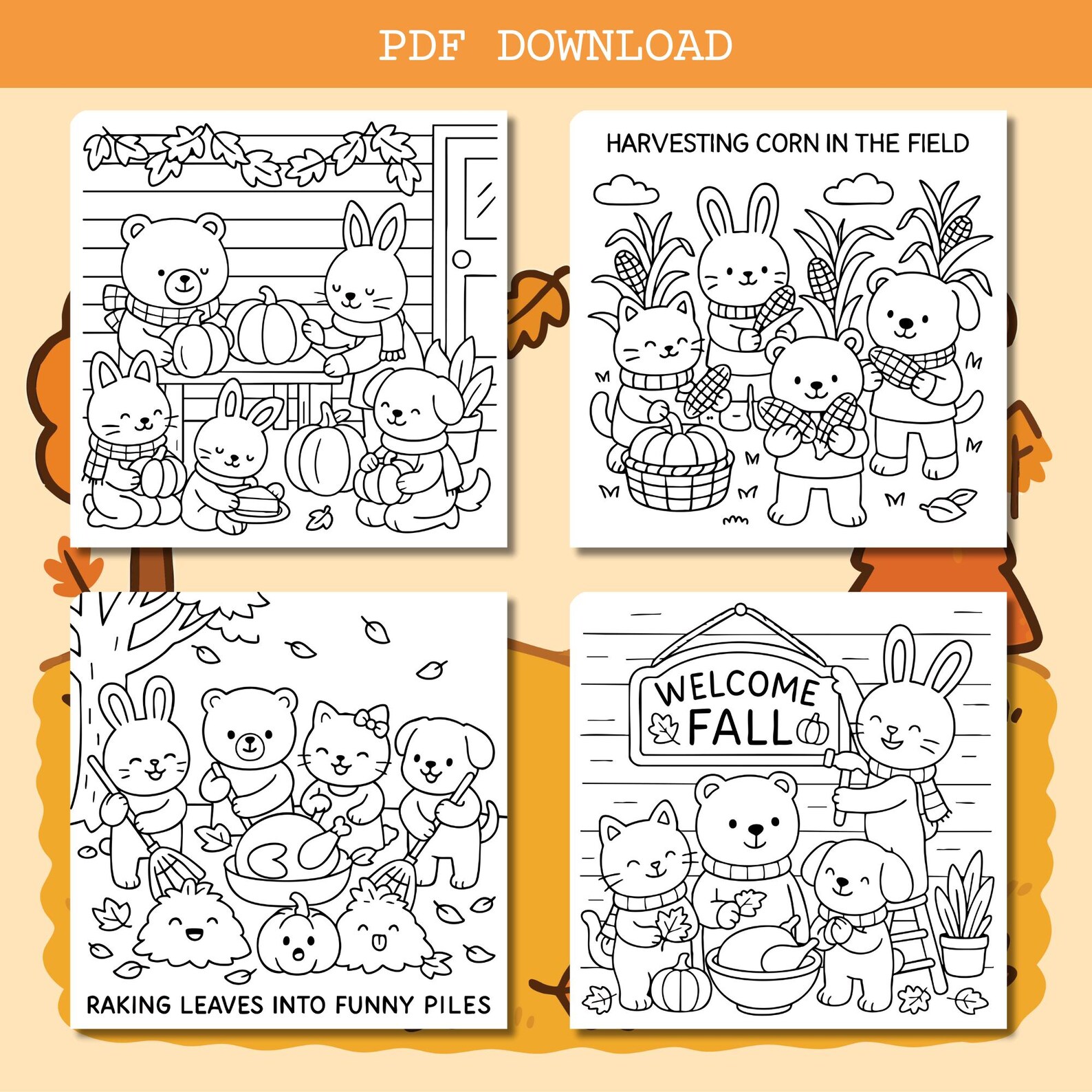 Cozy Fall Coloring Book PDF – Cute Animal Friends Autumn Pages - Etsy