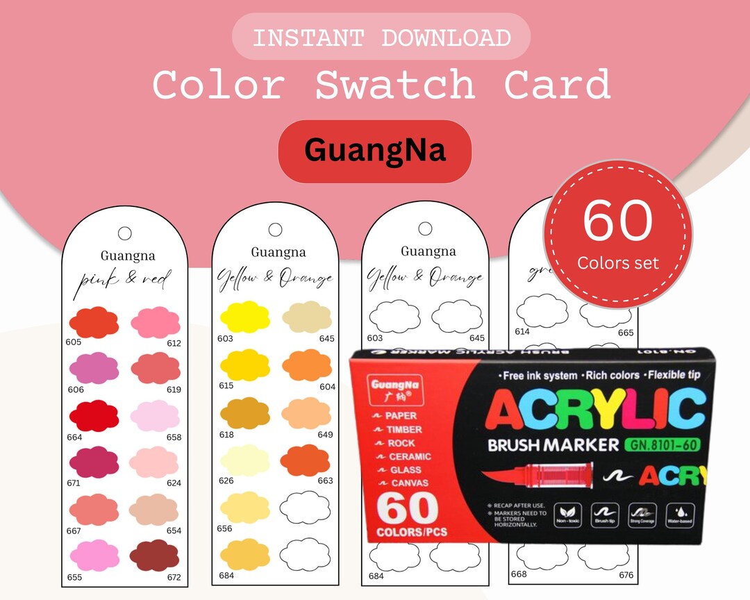 Guangna 60 Marker Color Chart – Printable Swatch Cards for Acrylic Pens ...