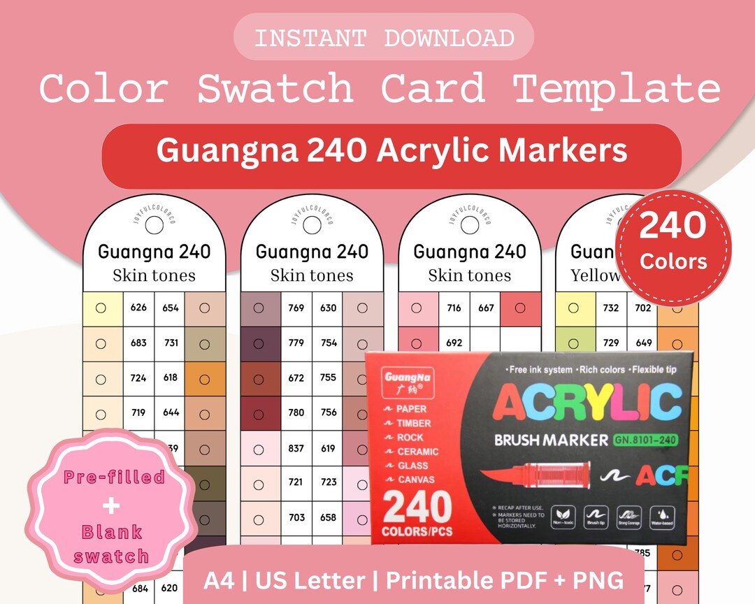 Guangna 240 Acrylic Marker Color Swatch Cards – Printable PDF & PNG, A4 ...
