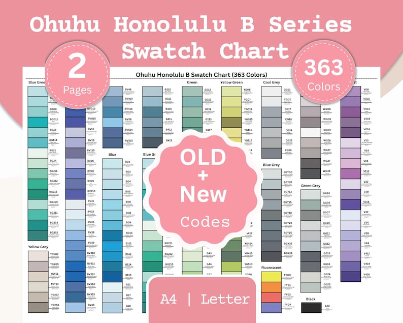 Ohuhu Honolulu B Marker Swatch Chart | 363 Colors, Old & New Codes ...