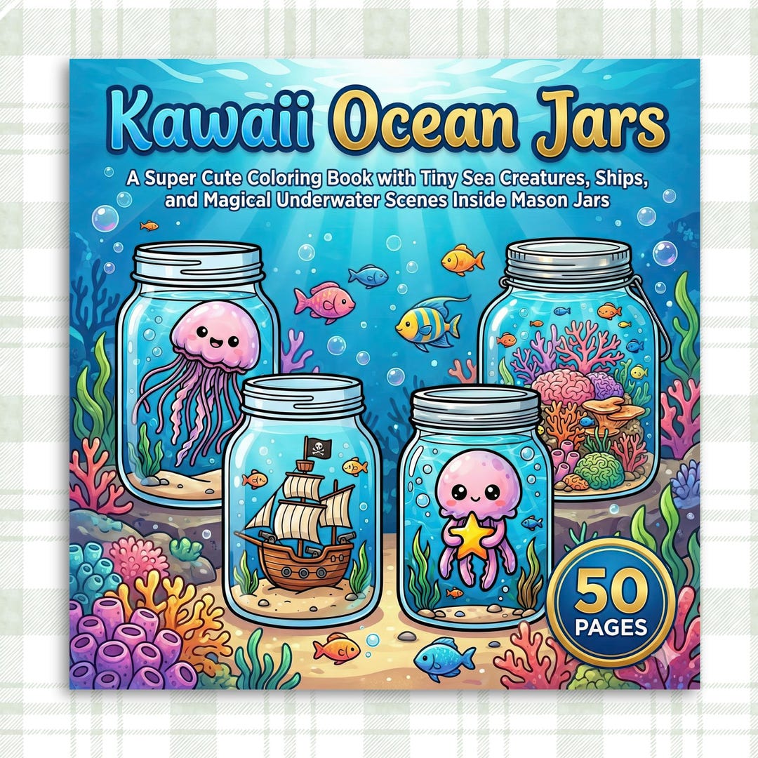Kawaii Ocean Jars Coloring Book PDF: 50 Bold and Easy Underwater Mason ...