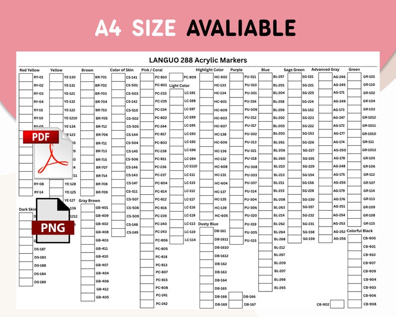 Languo 288 Acrylic Marker Swatch Chart: Printable PDF & PNG Color ...