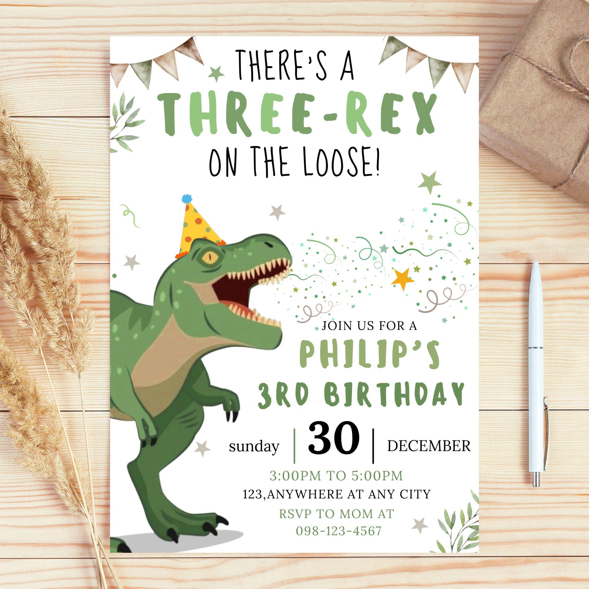 Dinosaur Birthday Invitation, Editable Three Rex Birthday Invite, Boys ...