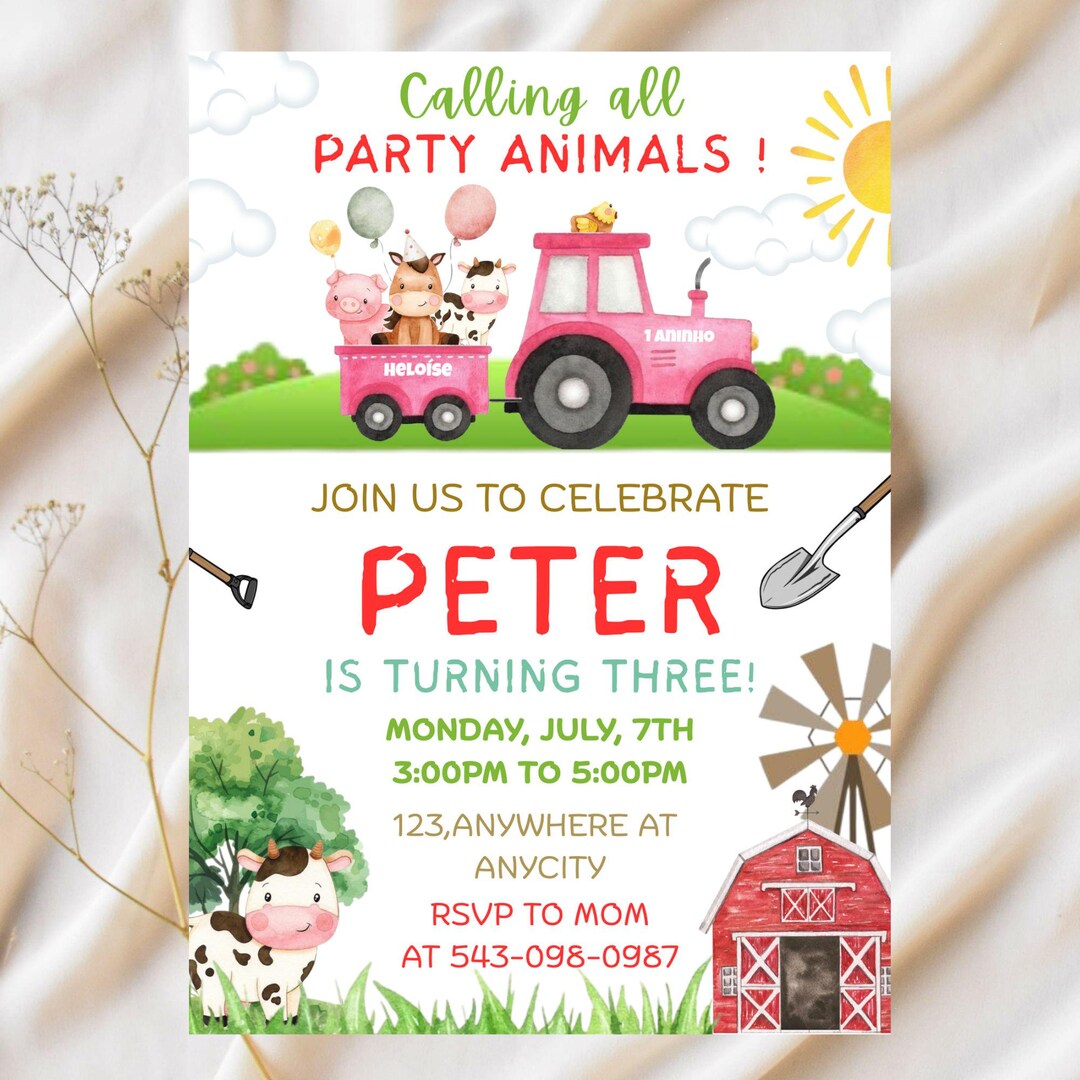 Farm Birthday Invitation, Farm Animals Party Invites, Barnyard Animals ...