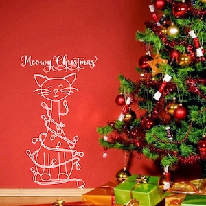 Meowy Christmas Cat With Lights Wall Decal Door Decor Outdoor Living ...