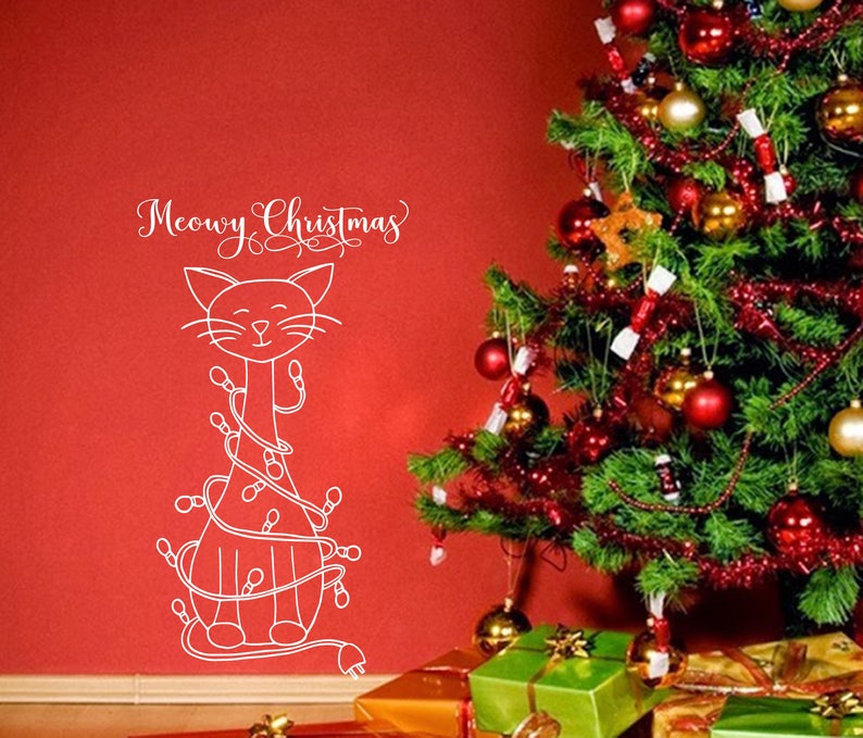Meowy Christmas Cat With Lights Wall Decal Door Decor Outdoor Living ...