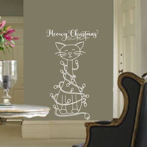 Meowy Christmas Cat With Lights Wall Decal Door Decor Outdoor Living ...