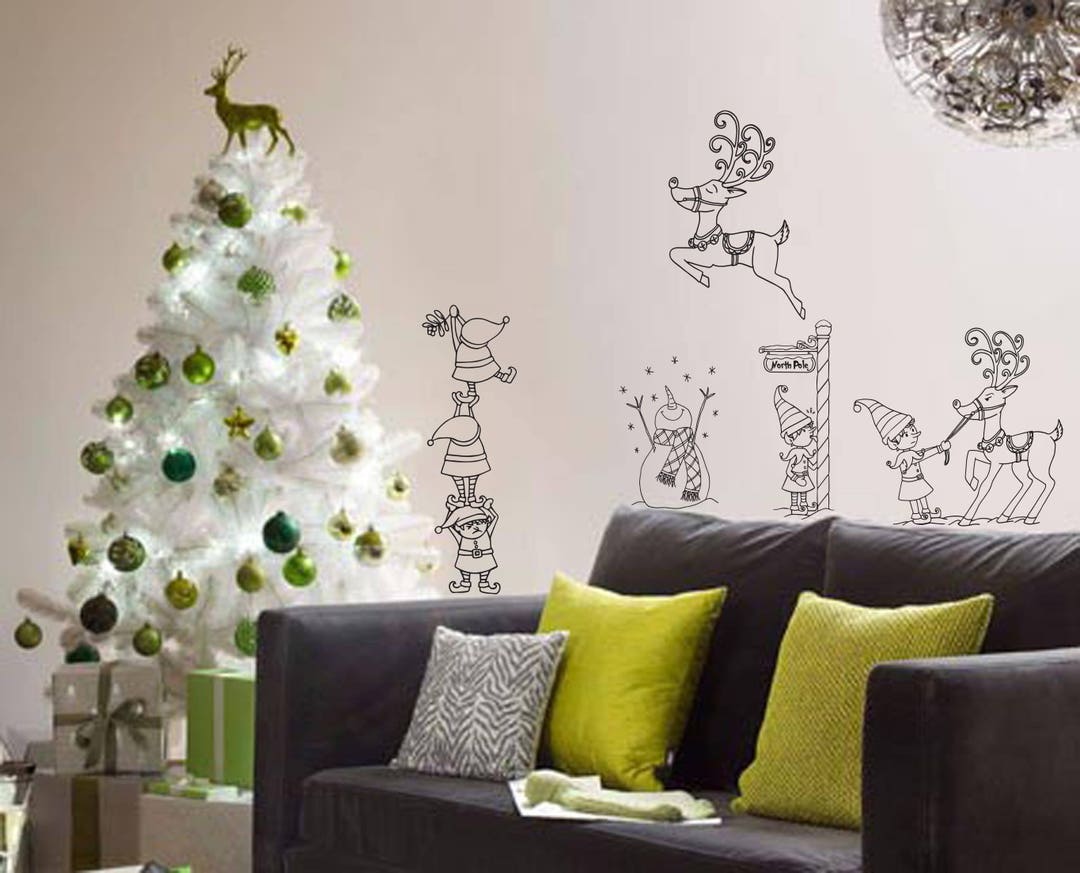 Elf Reindeer Elves Snowman Christmas Wall Decal Decor Outdoor Living ...