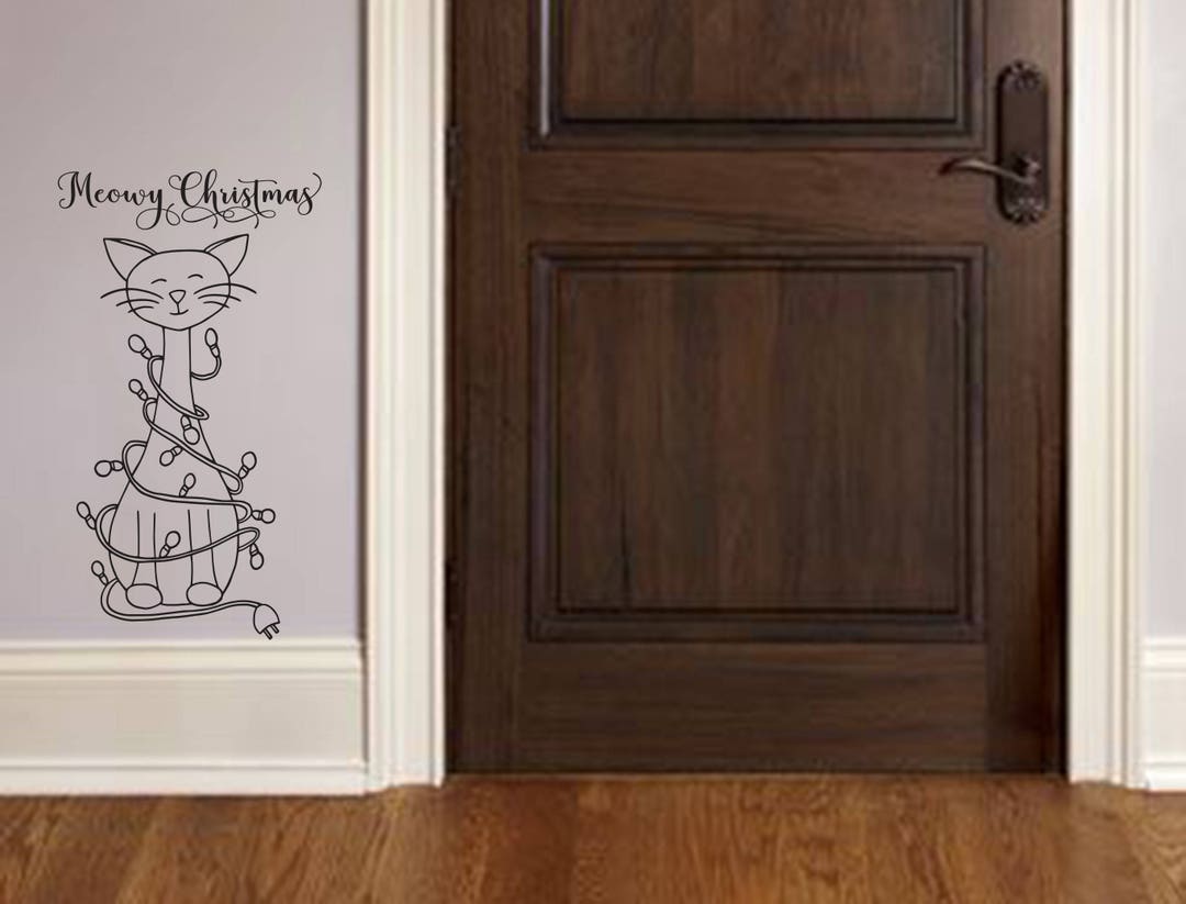 Meowy Christmas Cat With Lights Wall Decal Door Decor Outdoor Living ...