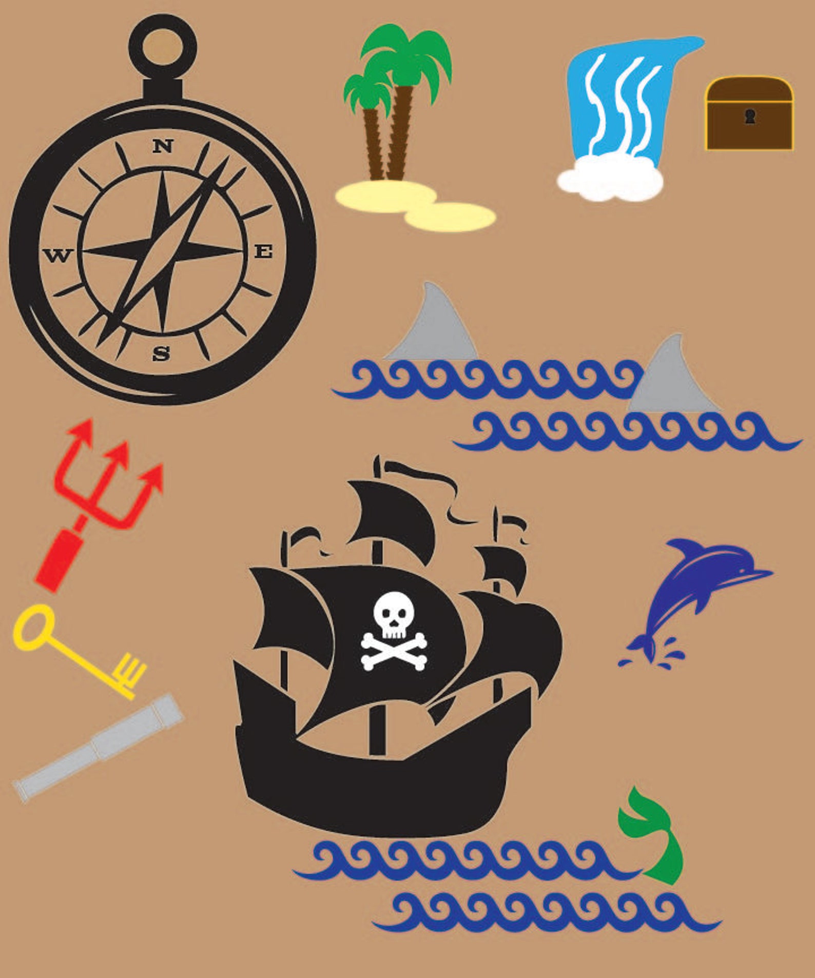 Large Pirate Ship With Buried Treasure Map Wall Decal Set boy - Etsy