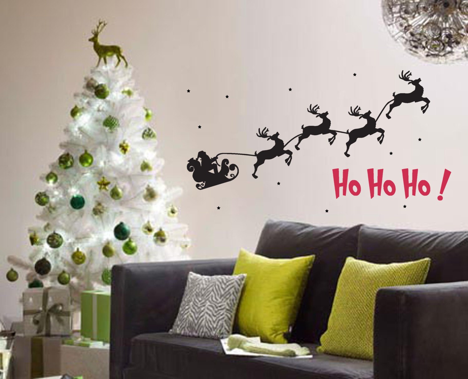 Ho Ho Ho Decal- Santa Sleigh Reindeer Stars Ho Ho Ho Living Room Decor ...