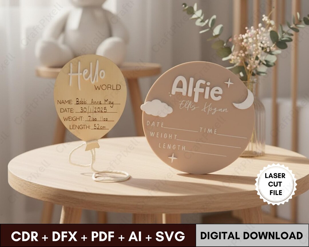 Hello World Baby Birth Stat Sign SVG Template | Personalized Newborn ...
