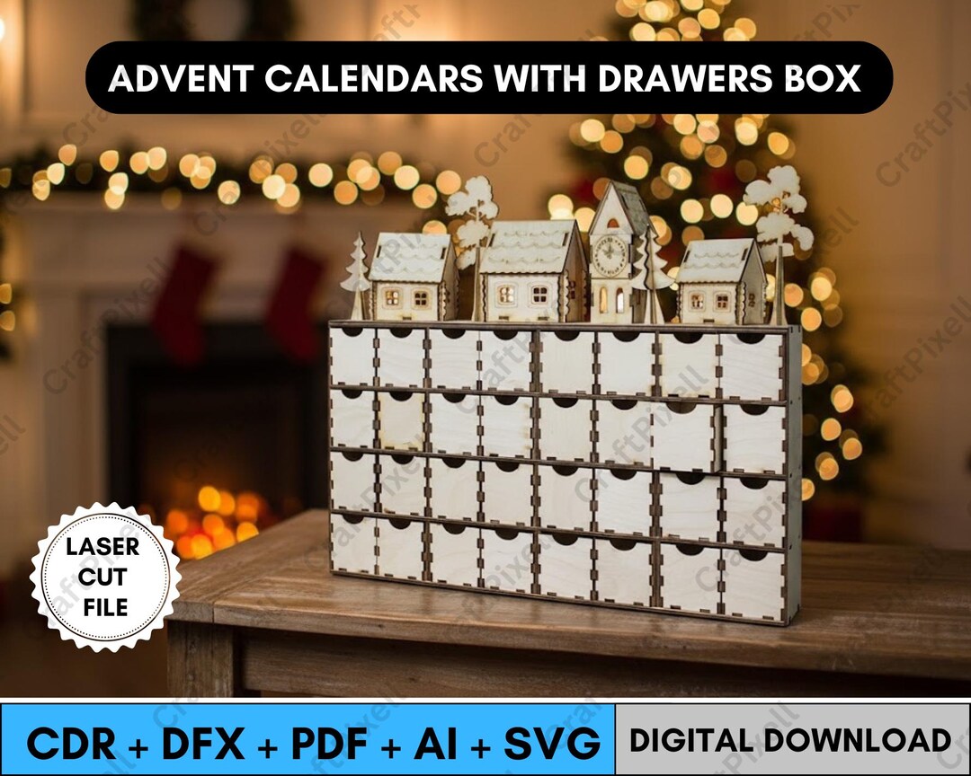 3D Wooden Advent Calendar SVG Laser Cut Christmas Countdown Box With 28 ...