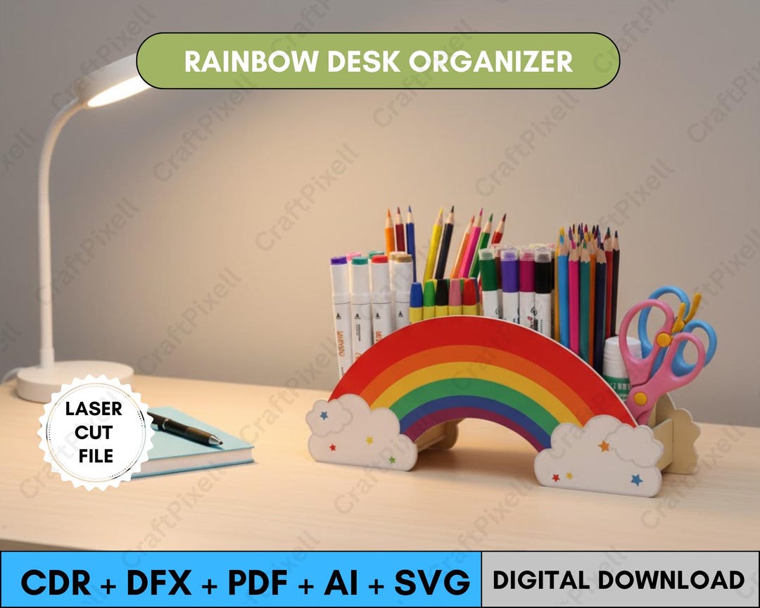 Laser Cut Rainbow Pencil Holder SVG, Desk Organizer Vector Files ...