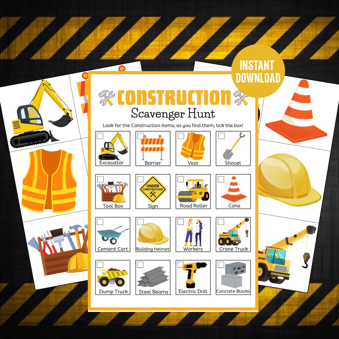 Construction Scavenger Hunt: Printable Kids Birthday Party Game (PDF ...