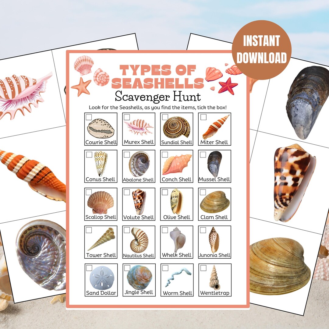 Seashells Scavenger Hunt: Beach Party Game, Printable Picture Clues ...