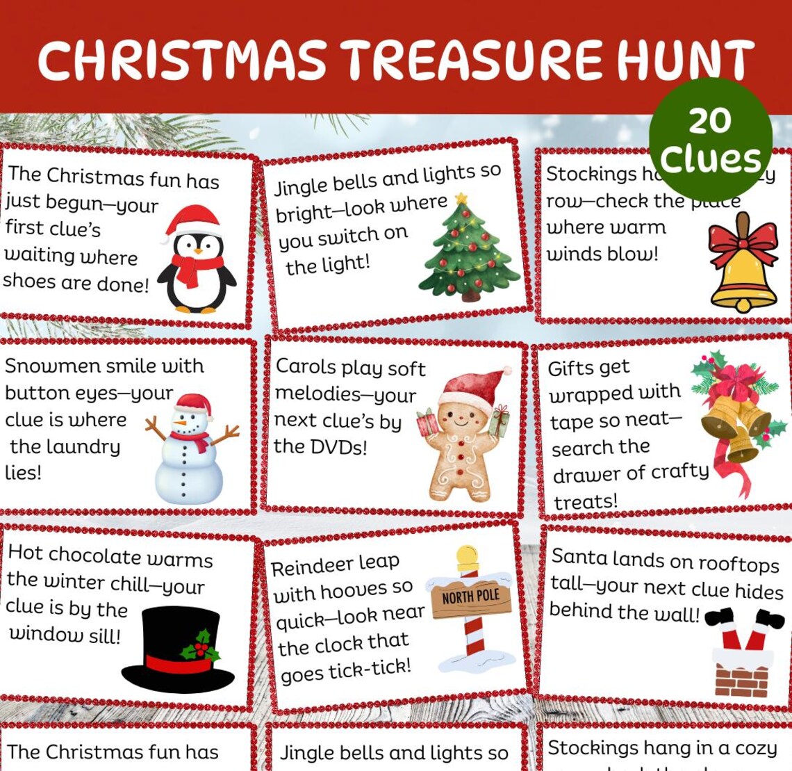 Christmas Treasure Hunt, 20 Rhyming Clues, Holiday Family Game (A4 PDF ...