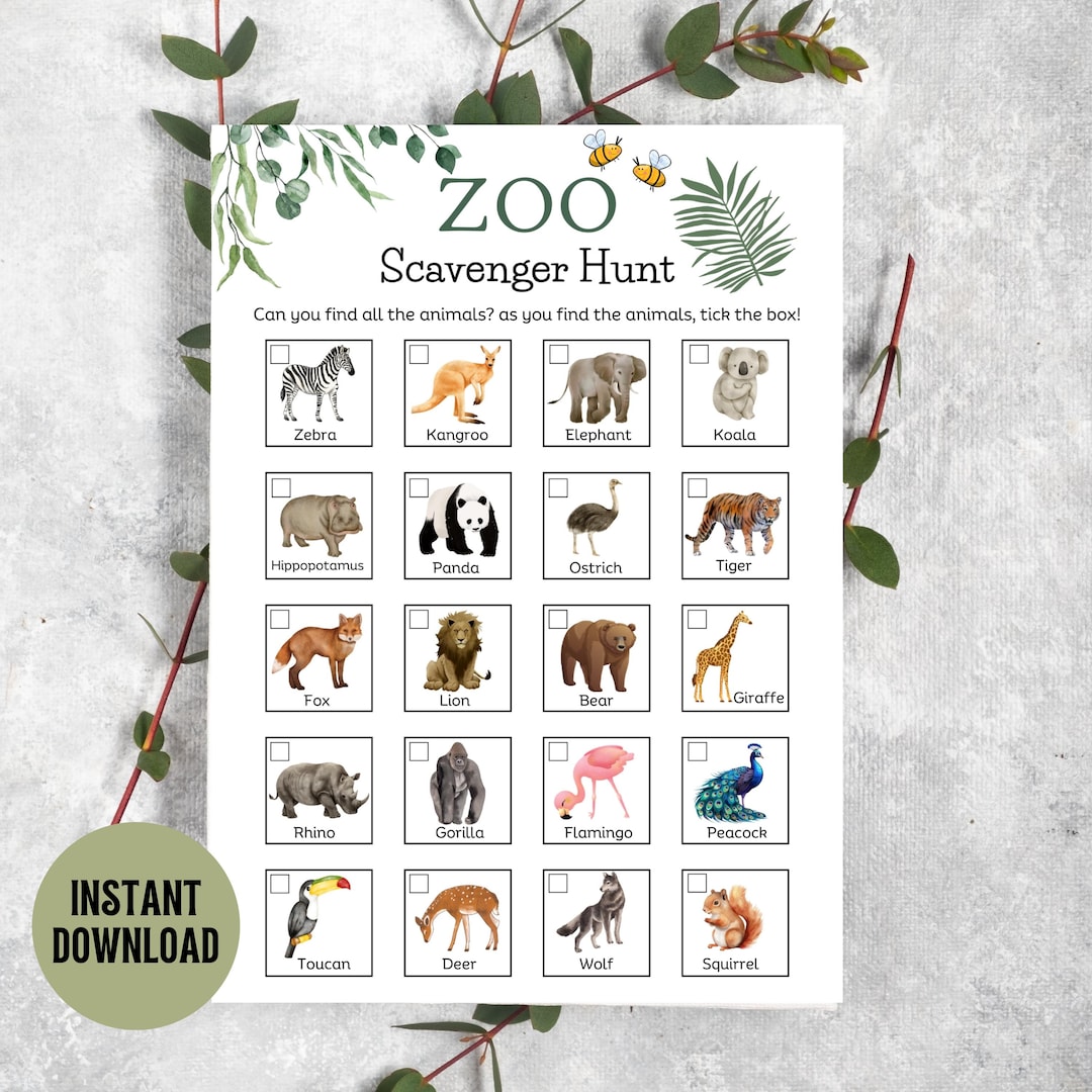 Zoo Scavenger Hunt: Printable Animal Treasure Hunt for Kids (PDF ...