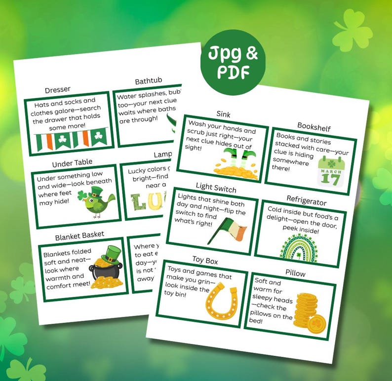 St. Patrick's Day Treasure Hunt – 20 Rhyming Clues, Kids Indoor Game ...