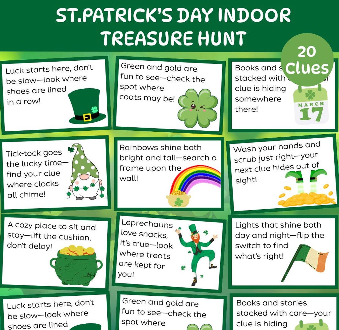 St. Patrick's Day Treasure Hunt – 20 Rhyming Clues, Kids Indoor Game ...