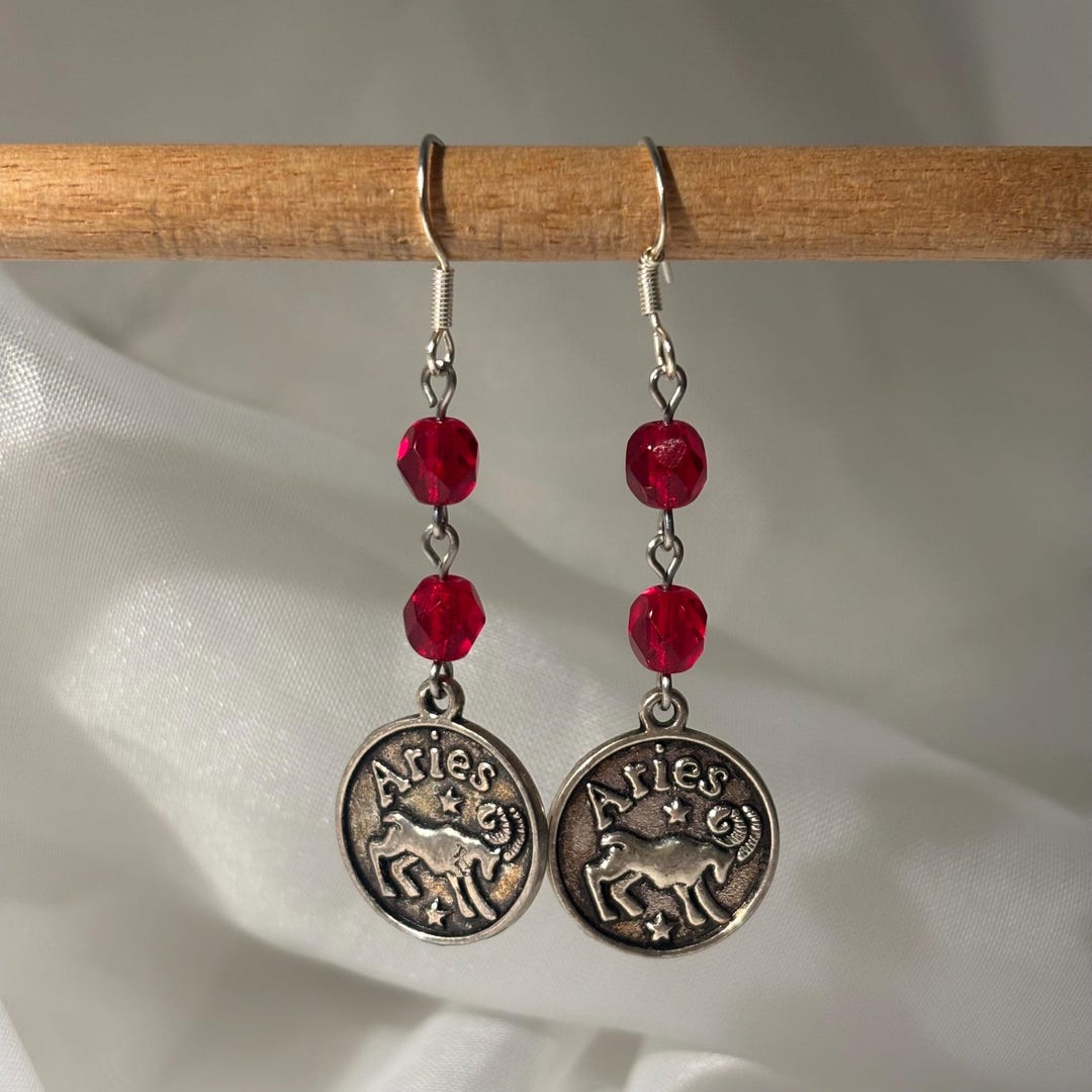 Aries Red Crystal Celestial Zodiac Sign Silver Drop Dangle Earrings - Etsy