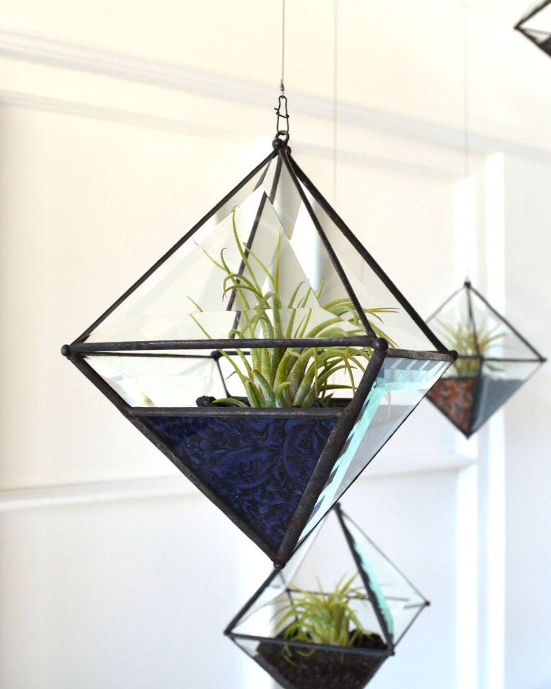 Large Pyramid Beveled Glass Orb Air Plant Planter With Blue Van Gogh ...