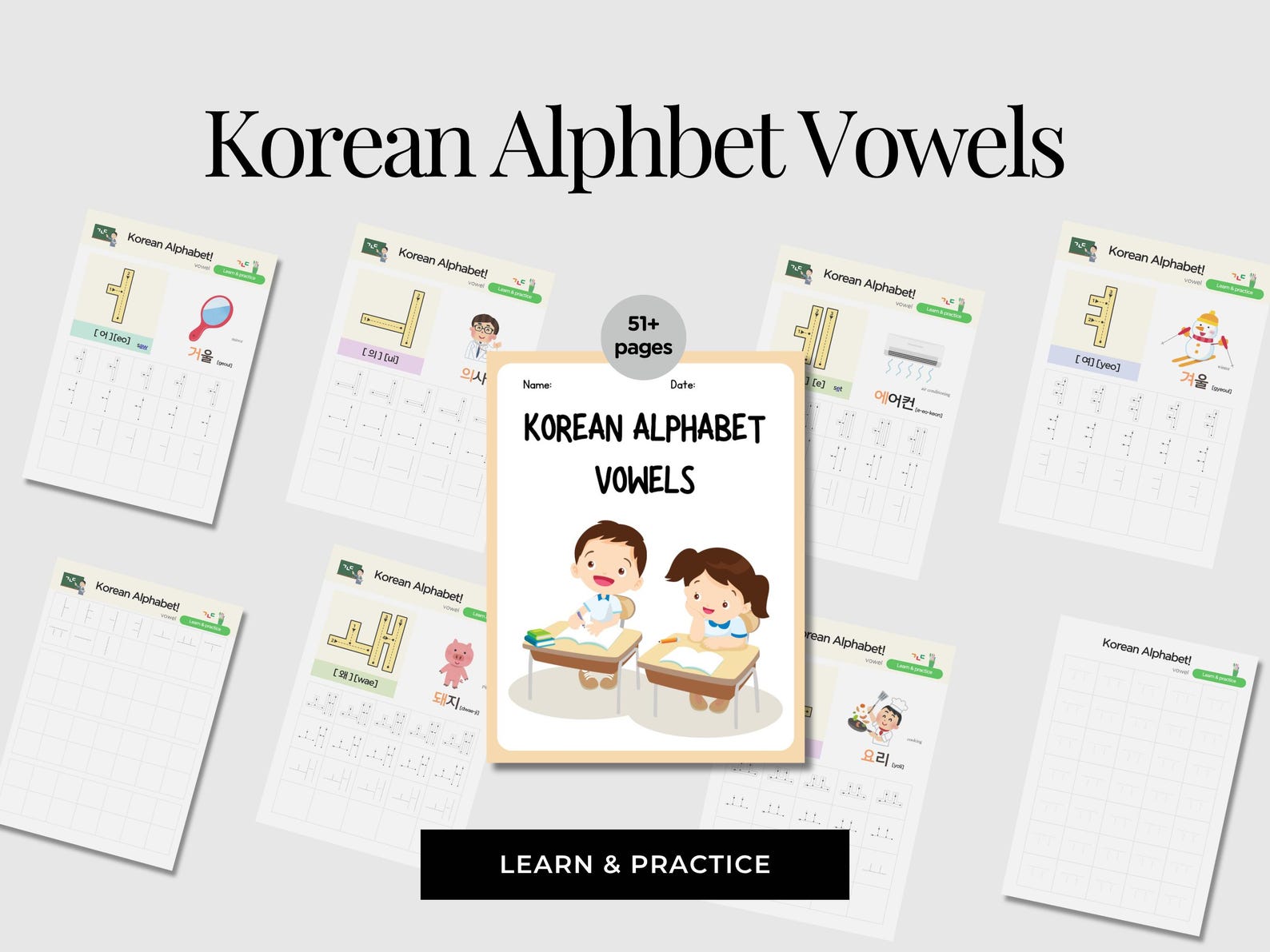 Korean Alphabet Vowel Practice | Hangul Worksheet for Kids | Learn ...