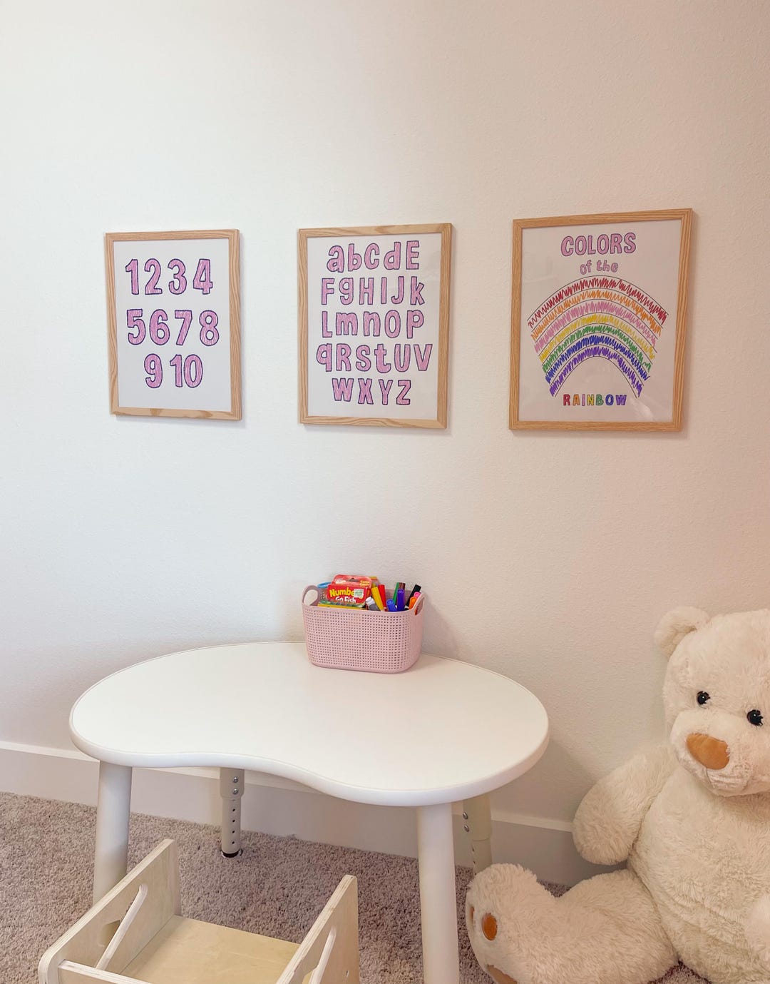 Set of 3 Digital Prints – ABC, 123 & Rainbow Color Chart – Pink ...