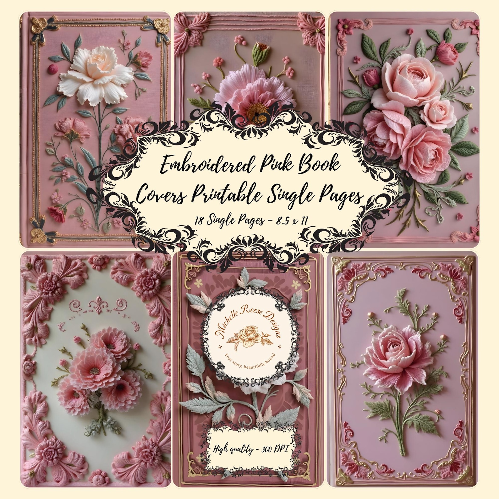 Embroidered Pink Book Covers Digital Junk Journal Double Pages. - Etsy