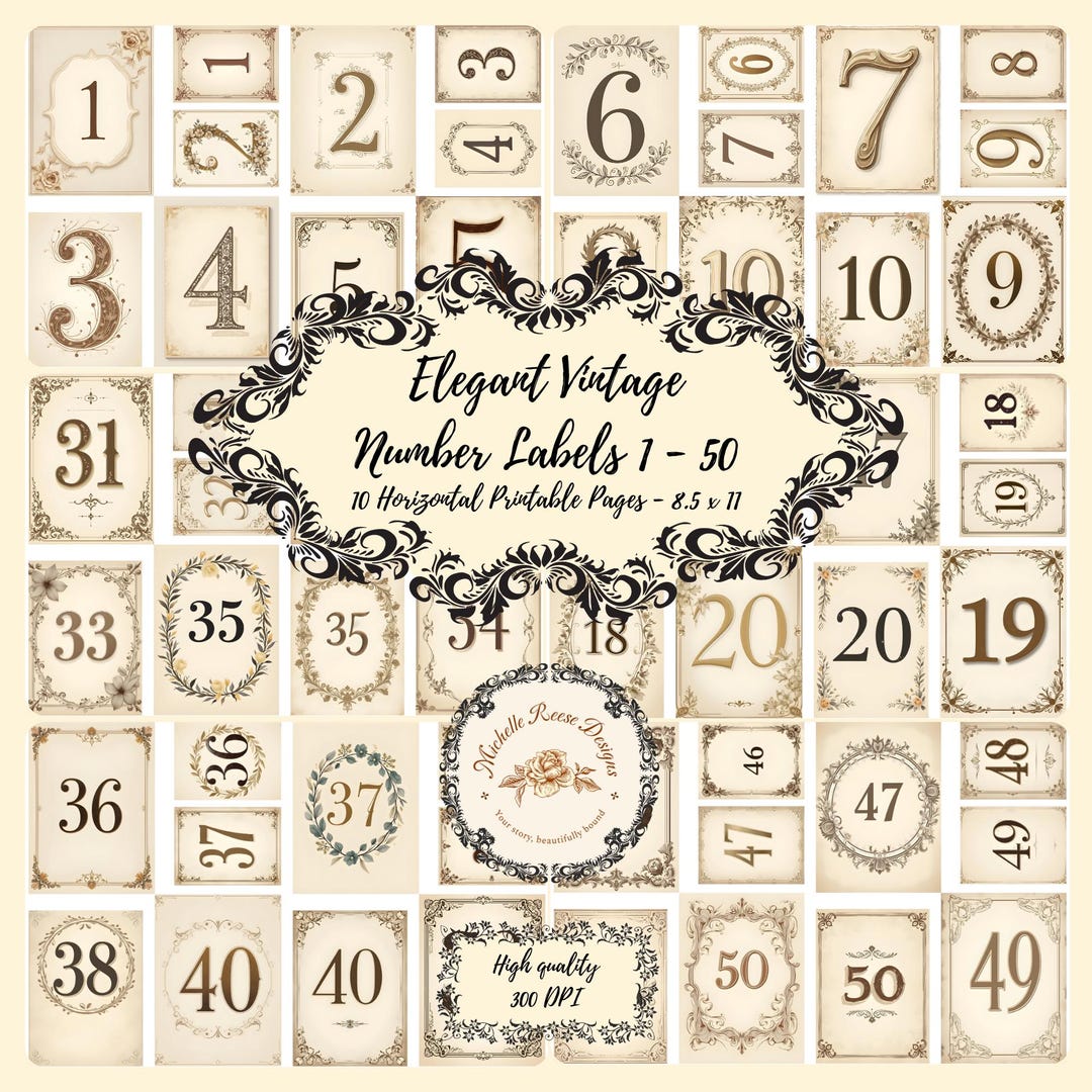 Elegant Vintage Number Labels 1 - 50 Digital Junk Journal Kit. - Etsy