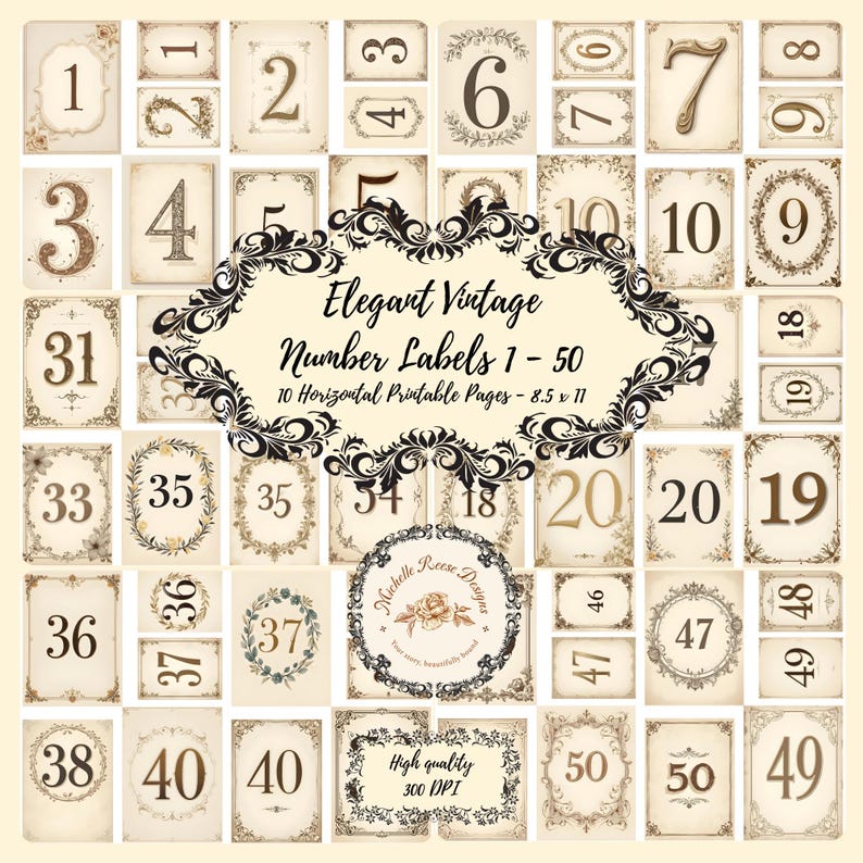 Elegant Vintage Number Labels 1 - 50 Digital Junk Journal Kit. - Etsy