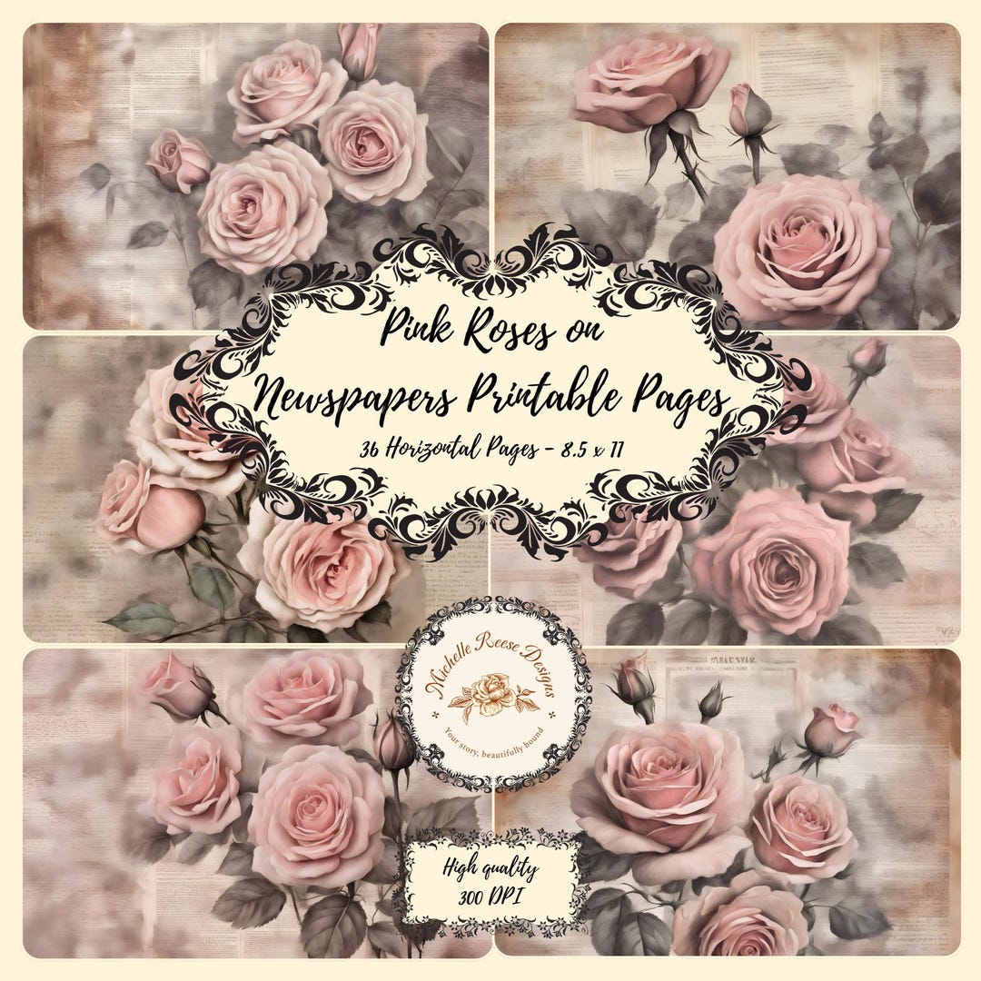 Pink Roses on Newspapers Digital Junk Journal Double Pages. - Etsy