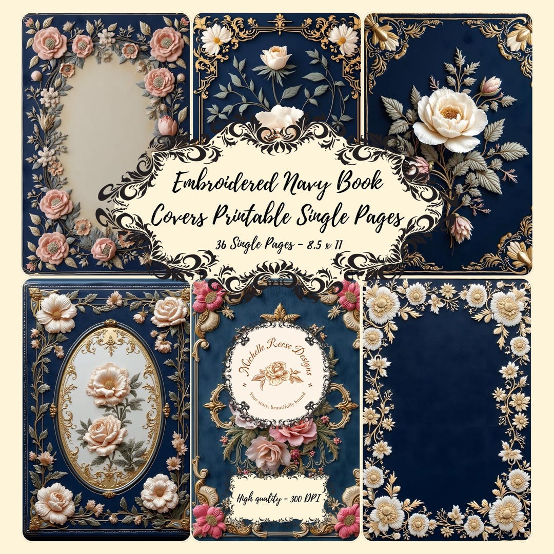 Embroidered Navy Blue Book Covers Digital Junk Journal Single Pages. - Etsy