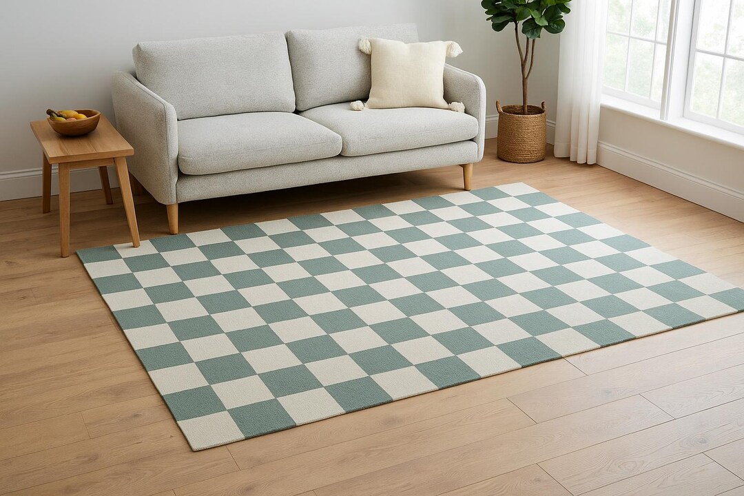 Hand Tufted Checkerboard Rug Green Cream | Modern Checkered Area Carpet ...