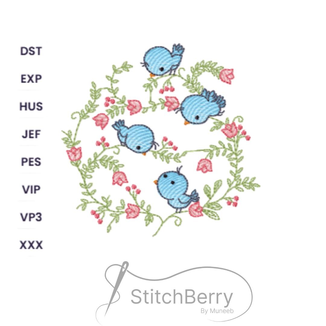 Blue Birds Embroidery Design | Love Birds Stitch Pattern for Spring and ...