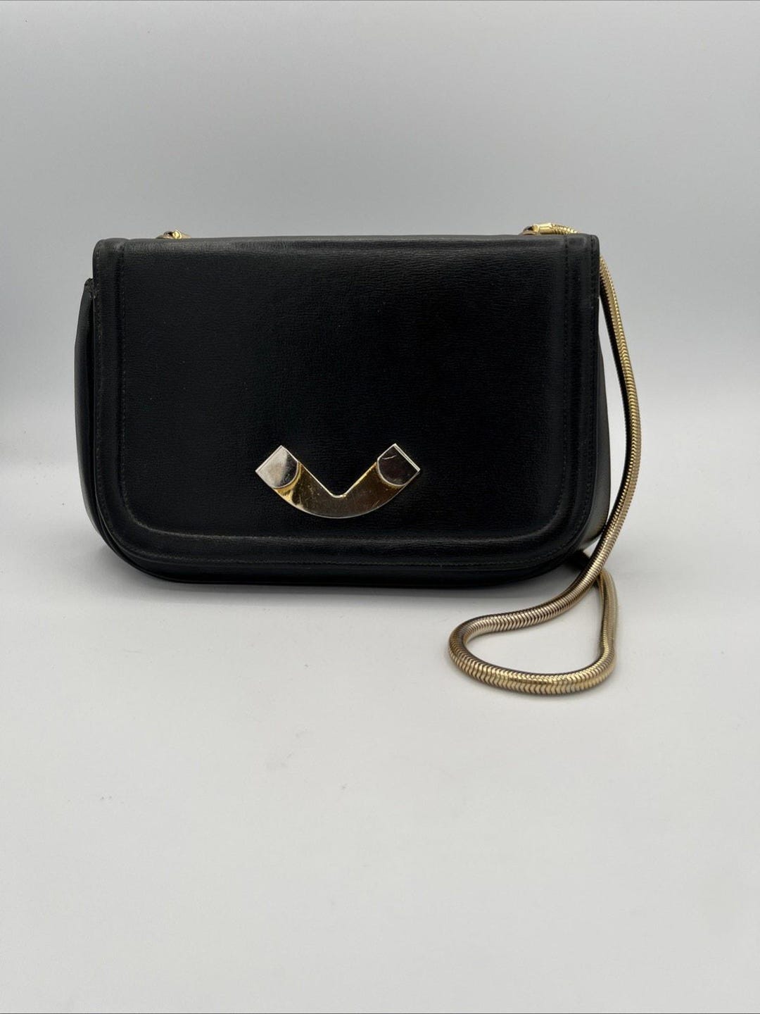 RARE Miss Lewis VINTAGE Over Shoulder Purse Black Art Deco Leather Gold ...