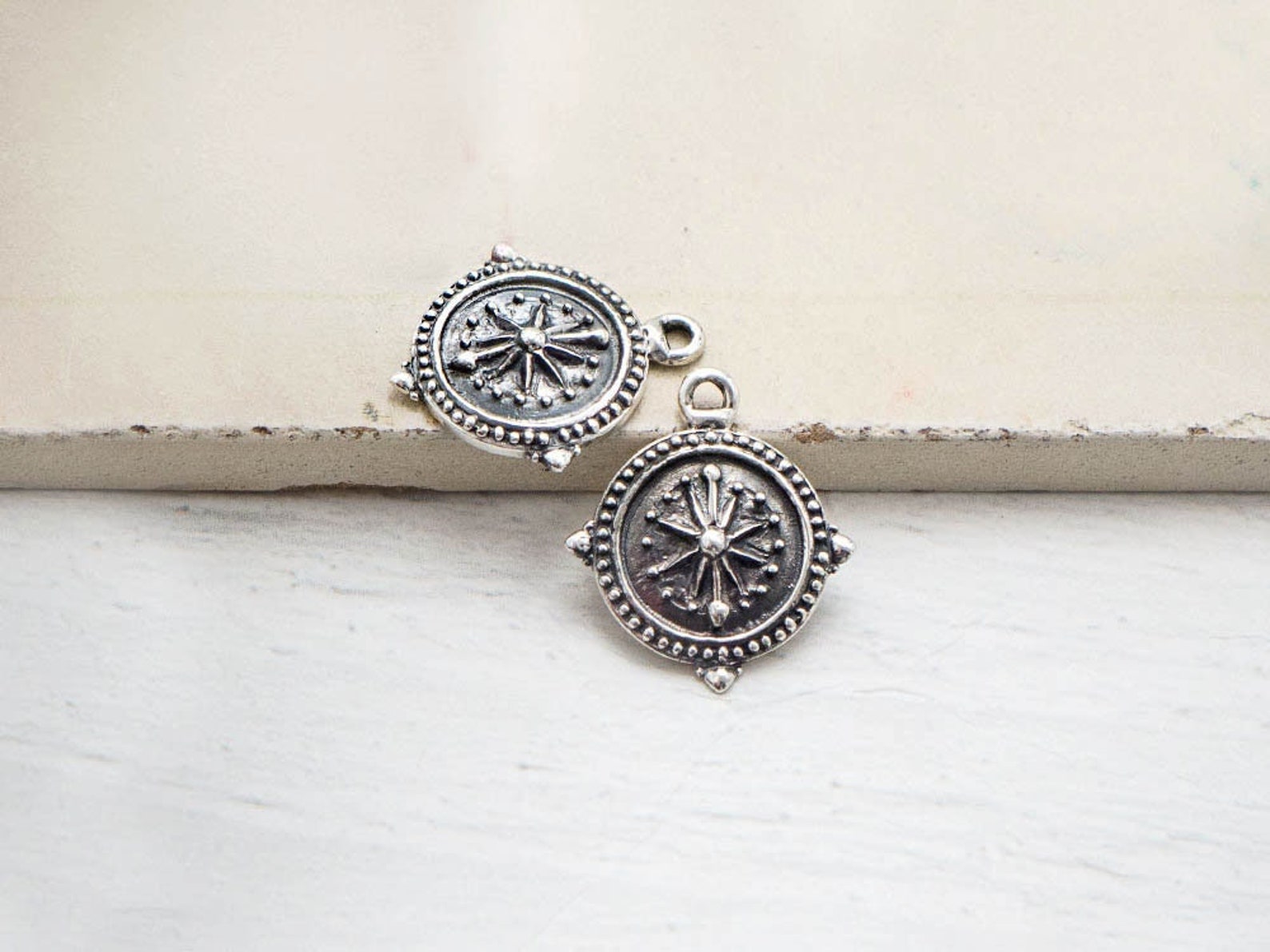 2 of 925 Sterling Silver Compass Printed Charms 12mm. Polish Finished ...