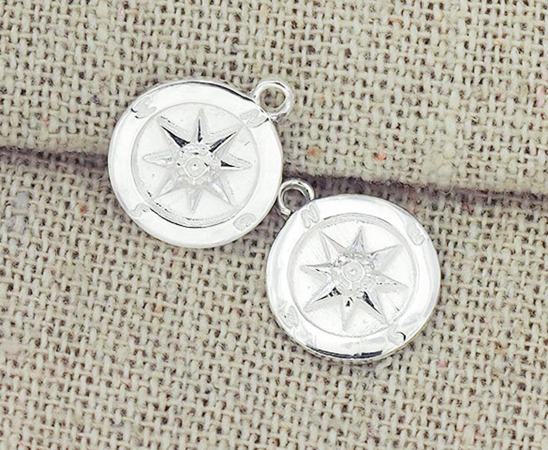 2 of 925 Sterling Silver Compass Printed Charms 11mm. Polish Finished ...