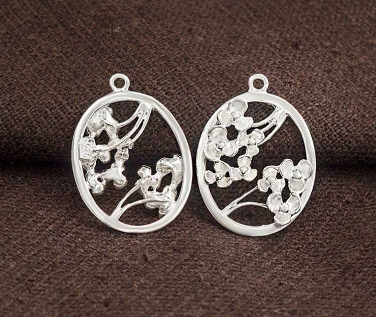 2 of 925 Sterling Silver Oval Flower Branch Pendants 16x20mm. | Etsy