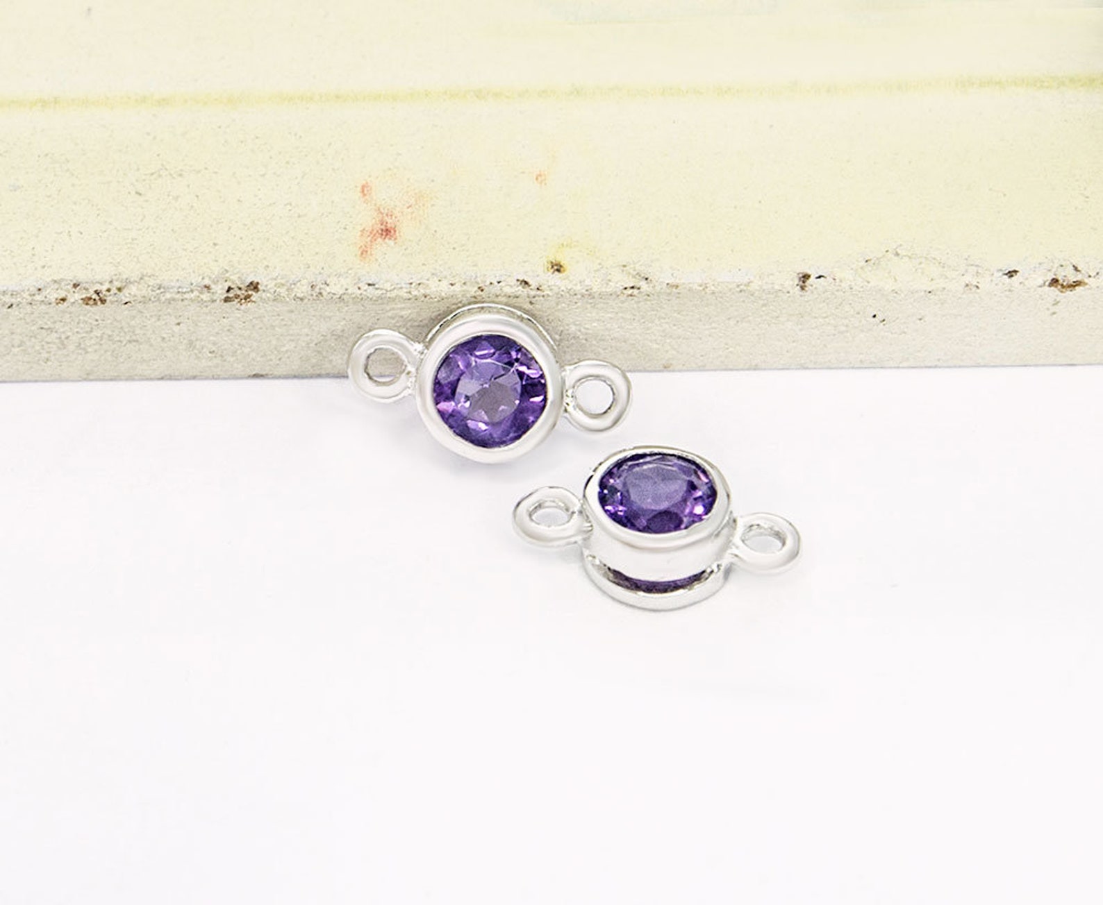 2 of Natural Round Amethyst & Sterling Silver Bezeled Connectors, Links ...
