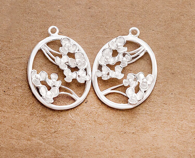 2 of 925 Sterling Silver Oval Flower Branch Pendants 16x20mm. | Etsy
