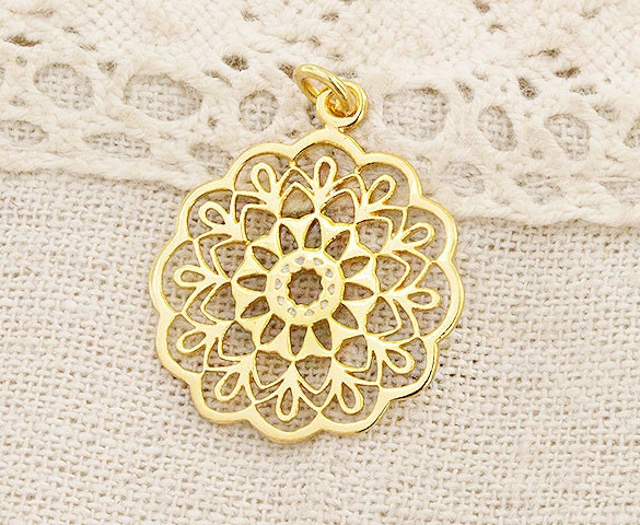 1 of 925 Sterling Silver Gold Vermeil Style Filigree Disc Pendant 23mm ...