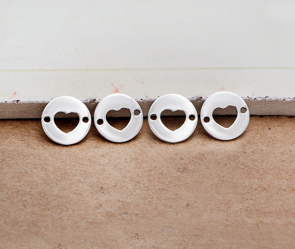 4 of 925 Sterling Silver 4 Heart Circle Disc Links, Connectors 10mm ...