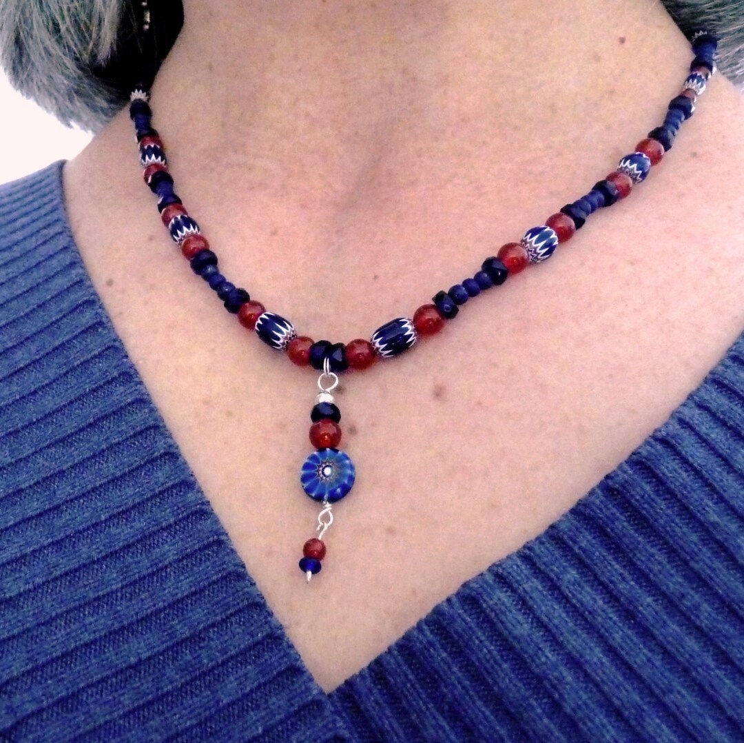 Italian Boho Chic Blue Chevron Handcrafted Necklace Vintage Trade Beads Rosetta Star Droplet ...